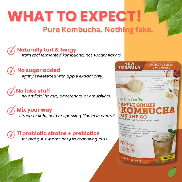 Essenzefruits Instant Apple Ginger Sour Kombucha Powder Tea Mix - 8 oz